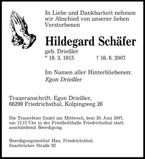 Traueranzeigen von Hildegard Schäfer Saarbruecker Zeitung Trauer de
