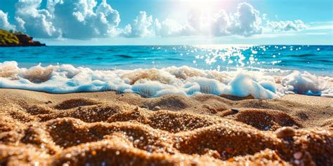 Summer Tropical Beach With Golden Sand And Wave Hand Drawn Watercolor