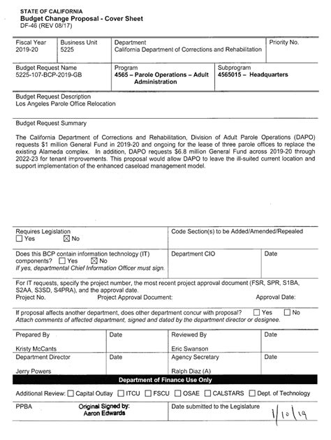 Fillable Online Budget Change Proposal Cover Sheet Df Rev