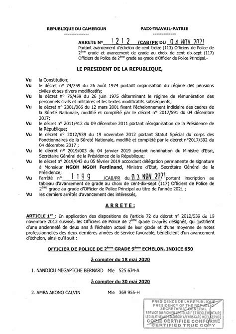 Arr T N Cab Pr Du Novembre Portant Avancement D Chelon
