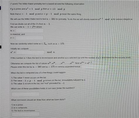solved 1 point the miller rabin primality test is based