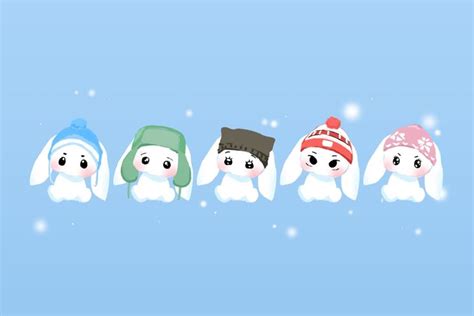 Four Snow Bunnies Wearing Winter Hats And Scarves Are Lined Up In A Row