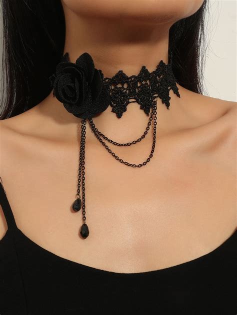 Negro Miedoso Collar Encaje Collar Gargantilla Embellished Bisuter A