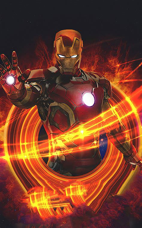 The Iron Man Poster Is Shown With Bright Lights In Front Of Him And His Hands Out