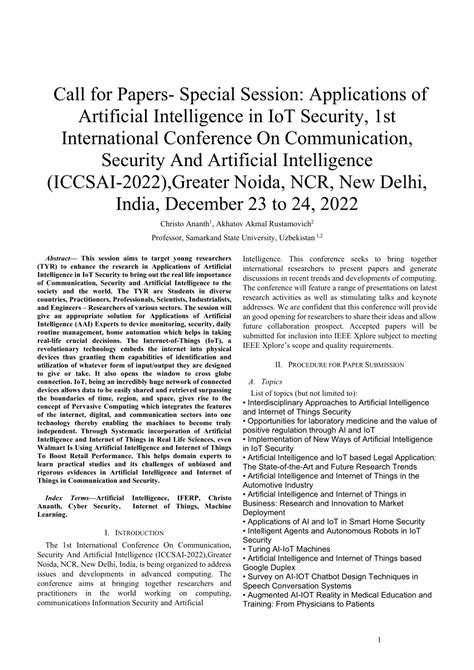 pdf call for papers special session applications of artificial intelligence in iot security