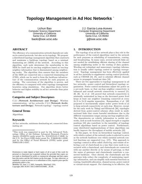 pdf topology management in ad hoc networks · cluster formation simpli es topology maintenance