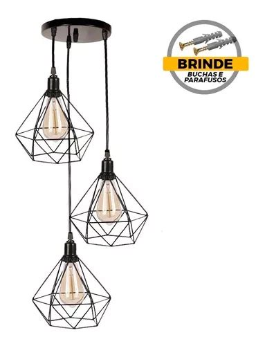 Pendente Diamante Aramado Triplo Preto Regul Vel C Brindes