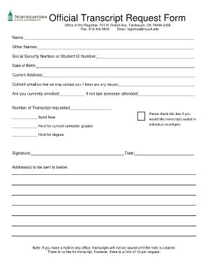 Fillable Online Official Transcript Request Form Offices Fax Email