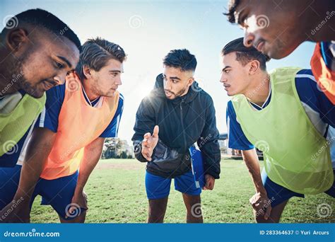 Coaching Football Circle And People Talking For Sports Teamwork