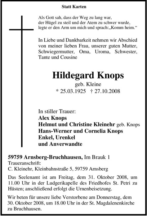 Trauer Und Todesanzeigen Von Hildegard Knops Trauer De