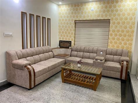 Cotton 5 Seater Beige L Shape Wooden Sofa Set With Lounger At Rs 39000