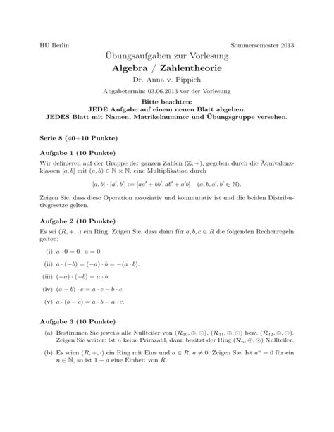 Übungsaufgaben zur Vorlesung Algebra Zahlentheorie