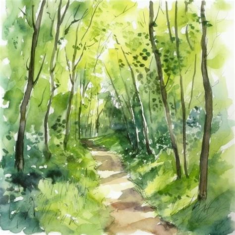 Premium Photo A Painting Of A Path In The Woods With Trees And Grass