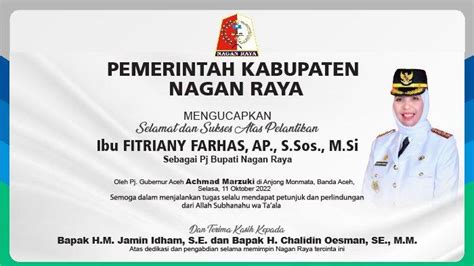 Ucapan Selamat Pemerintah Nagan Raya Kepada Pj Bupati Ibu Fitriany