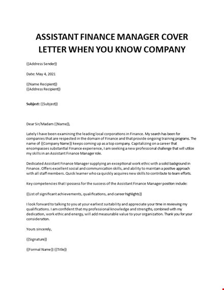 Finance Assistant Cover Letter