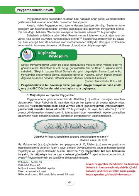 6 Sınıf Peygamberimizin Hayatı Meb Yayınları Sayfa 44 Cevapları