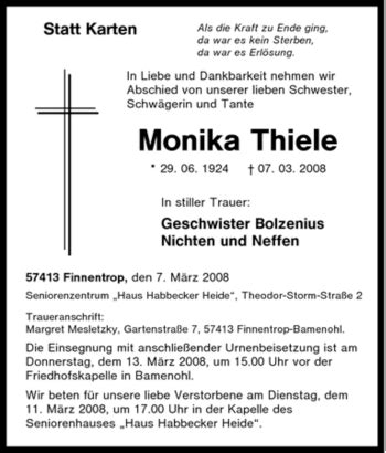 Traueranzeigen Von Monika Thiele Trauer In NRW De