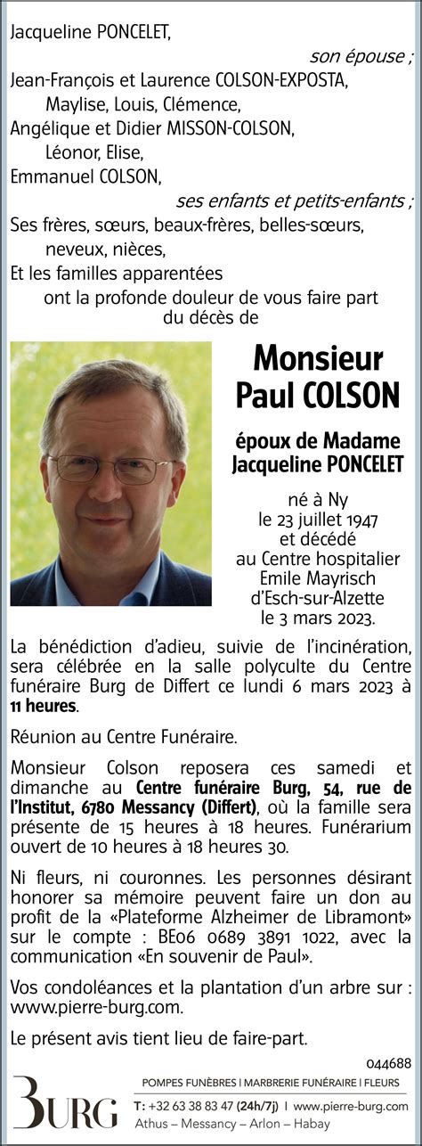 Paul COLSON 03 03 2023 Avis nécrologique lavenir net