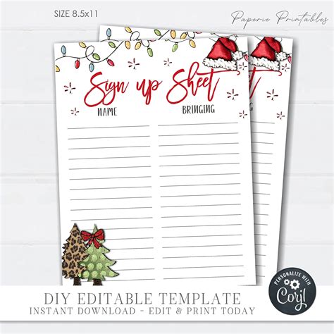 Editable Christmas Potluck Sign Up Sheet Potluck Sign Up Sheet Work