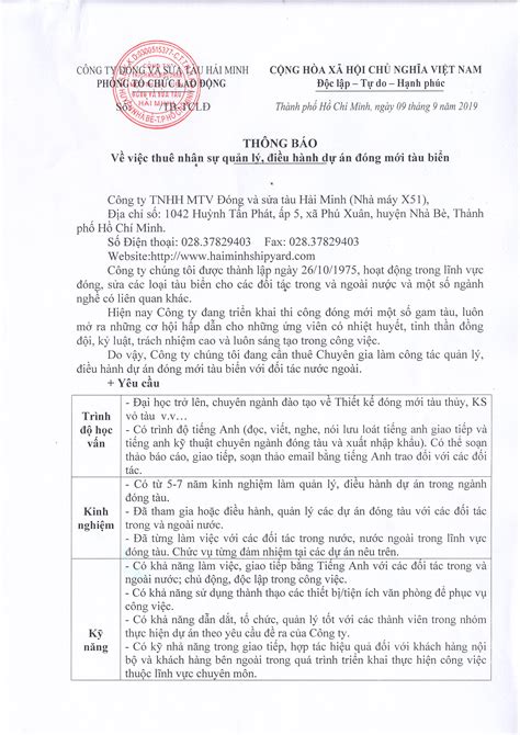 Tuyển dụng Công ty TNHH MTV Đóng Sửa Tàu Hải Minh