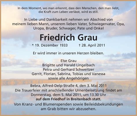 Traueranzeigen Von Friedrich Grau Trauer Hna De
