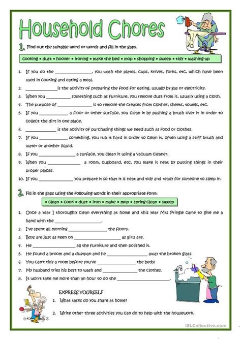 The Household Chores Worksheet Is Shown With An Image Of A Man And Woman
