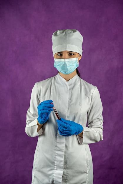 Médico con máscara médica y guantes azules sosteniendo un tubo de