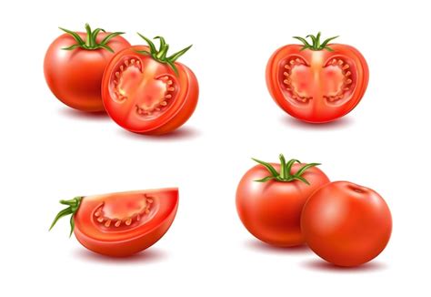 Conjunto De Tomate Rojo Maduro Entero Y En Rodajas Vector Premium