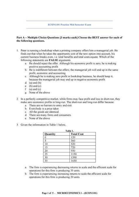 Practice Mid Sem Exam W Solutions Page 1 Of 5 MICROECONOMICS 1