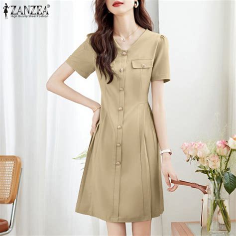 ZANZEA Korean Style Women S Dresses Fashion Short Sleeve V Neck Elastic
