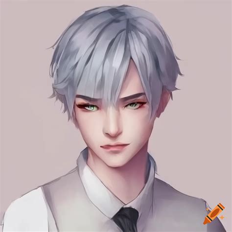 Male White Hair Pale Skin Green Eyes Cute Realistic Anime