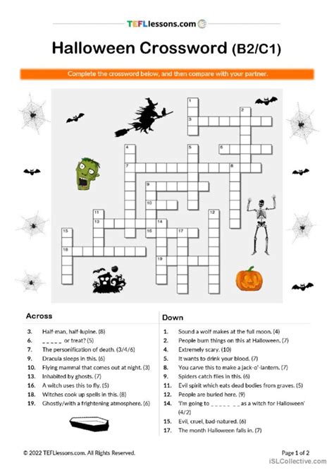 Halloween Crossword B2 C1 English ESL Worksheets Pdf Doc