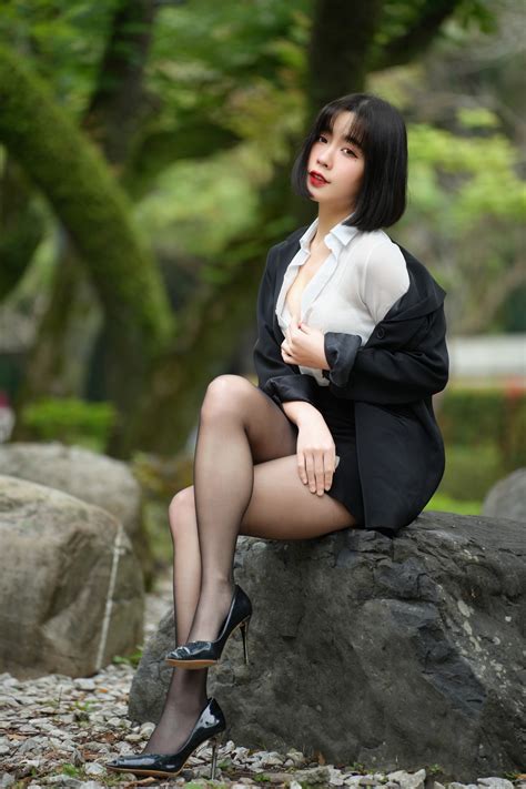 K Asian Bench Brunette Girl Sitting Hands Blouse Skirt Legs