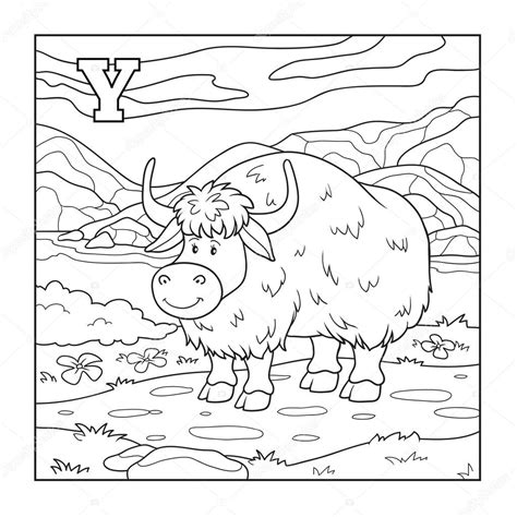 Libro para colorear yak ilustración incolora letra Y Vector de