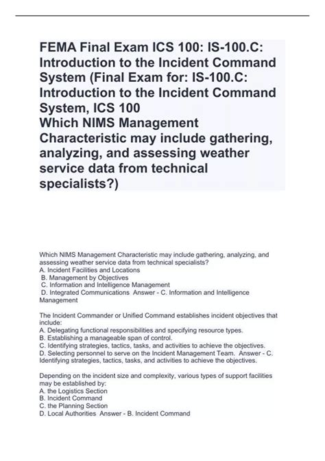 FEMA Final Exam ICS 100 IS 100 C Introduction To The Incident Command