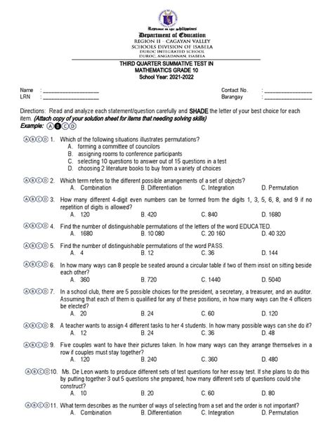 q3 periodic test math 10 pdf permutation mathematics