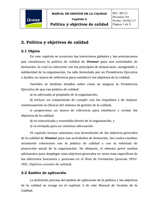 MC2 Política y Objetivos de calidad RV04 MANUAL DE GESTION DE LA