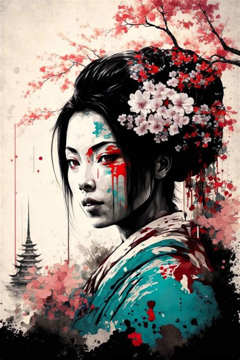 Poster japanische Geisha Frau mit Sakura Blüten und ein Tempel im