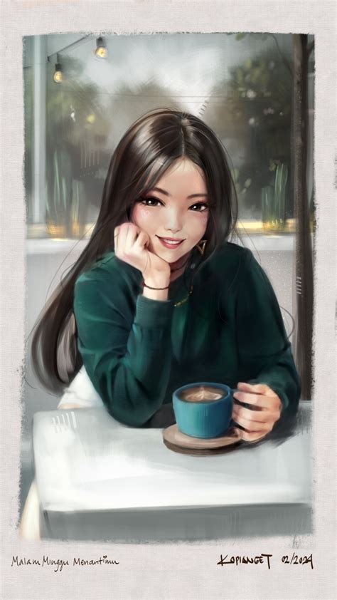Safebooru 1girl Absurdres Artist Name Black Hair Bracelet Brown Eyes Coffee Cup Commentary Cup