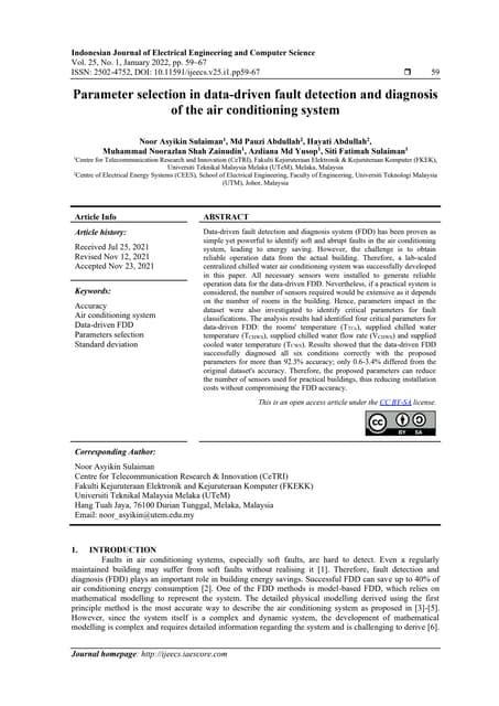 parameter selection in data driven fault detection and diagnosis of the air conditioning system