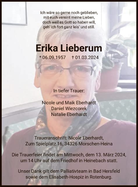Traueranzeigen Von Erika Lieberum Trauer Hna De