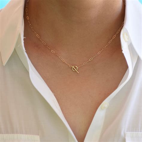 14K Gold Toggle Necklace Gold Paper Clip Chain Delicate Etsy