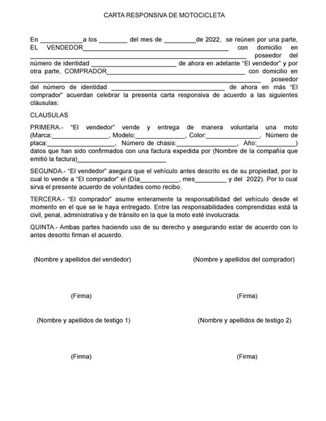 Carta Responsiva DE Motocicleta CARTA RESPONSIVA DE MOTOCICLETA En A