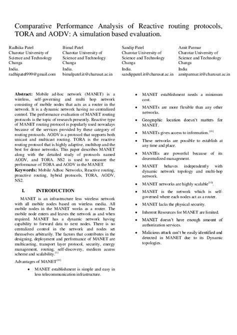 pdf comparative performance analysis of reactive routing protocols tora and aodv a