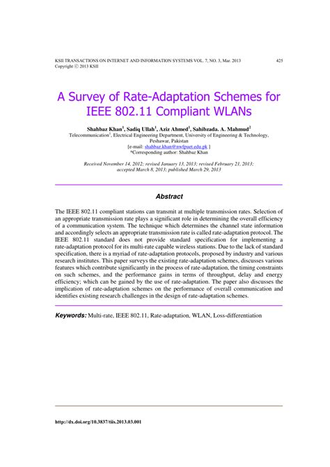 pdf a survey of rate adaptation schemes for ieee 802 11 compliant wlans