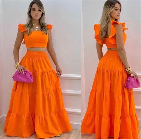 Conjunto Saia Longa Três Marias E Cropped Vestido Feminino Frete grátis