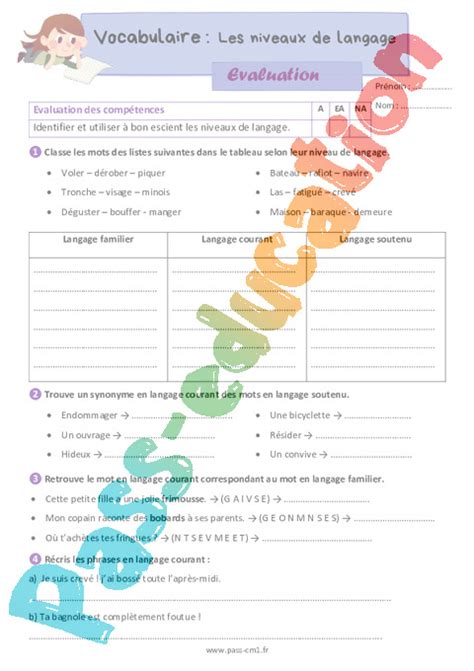 Les niveaux de langage Évaluation de vocabulaire pour le cm1 PDF à