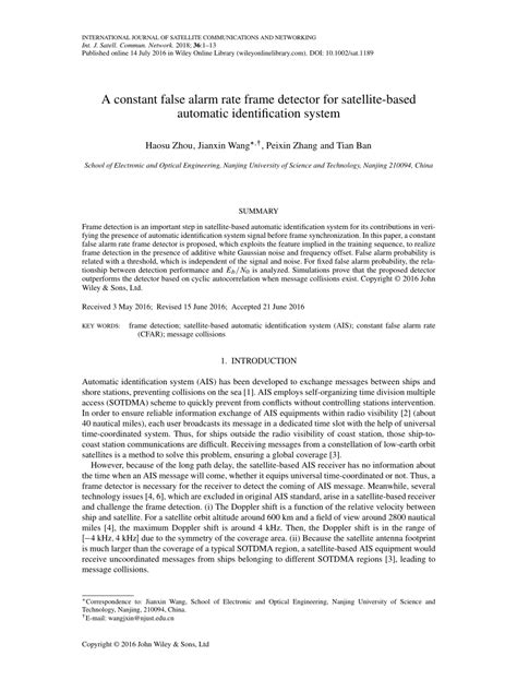 pdf a constant false alarm rate frame detector for satellite based automatic identification