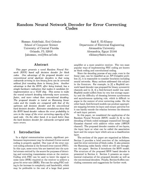 pdf random neural network decoder for error correcting codes said el khamy