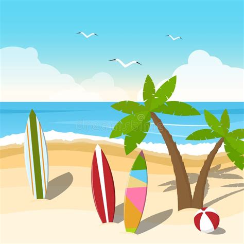 Sunny Seascape With Palm Trees And Surfboards Stock Vector
